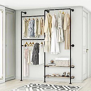 Industrial Pipe Clothing Rack Wall Mounted, Double Hanging Rods Clothes Rack with Shelves, Clothes Rack for Wardrobe, Bedroom and as walk-in Closet System, Heavy Duty Hanging Clothes Rack(Black)