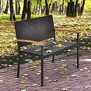Tangkula Patio Wicker Bench, All Weather Rattan Bench w/Acacia Wood Armrest, Outdoor Loveseat Chair, Lightweight Patio Stackable Dining Bench for Front Porch, Backyard, Lawn, Garden, Pool, Deck