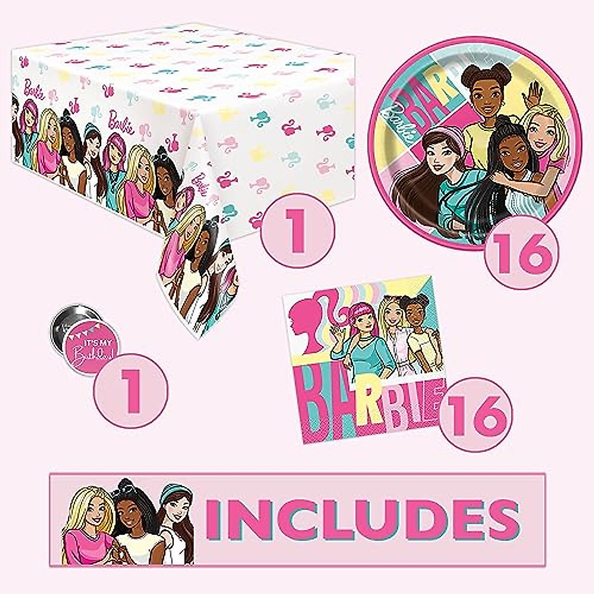 Unique Barbie Party Decorations | Serves 16 Guests | Officially Licensed | Barbie Birthday Decorations | Barbie Birthday Party Supplies | Barbie Tablecover, Plates, Napkins, Button