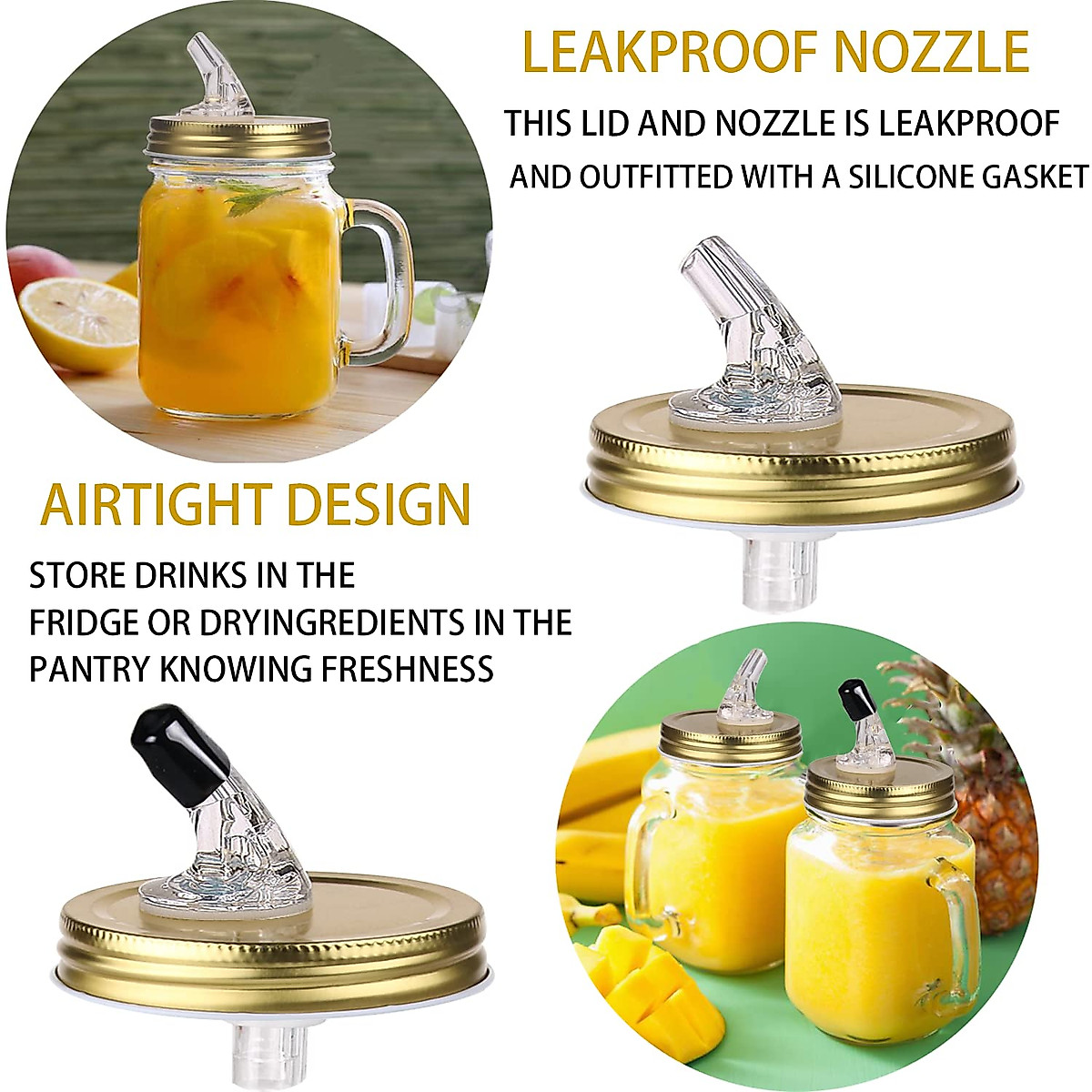 Mason Jar Pour Spouts. free flow Mason Jar Pour Spouts, mason jar for spout regular mouth size 70mm dispenser germination cover. Suitable for any liquid. Leak-Proof,Gold (2-Pack + 2 Black Lid Caps)