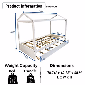 PVWIIK Twin Size Floor Bed with Trundle & Roof Design for Kids, Girls, Boys,Solid Wood Bedframe,Easy Assembly & No Box Spring Needed, White