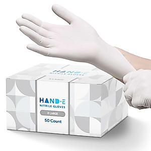 Hand-E Touch White Nitrile Disposable Gloves X-Large, 50 Count - Food Prep, Salon, Hair Dye, Esthetician, Kitchen Gloves - Powder and Latex Free Rubber Gloves