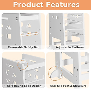 Toddler Kitchen Stool Helper, Kitchen Step Stool for Kids with Safe Rail, Baby Adjustable Learning Standing Tower for Kitchen Counter & Bathroom Sink(White)