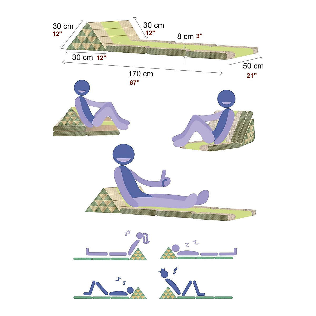 Leewadee - Comfortable Japanese Floor Mattress - Thai Floor Bed with Triangle Cushion - Futon Mattress - Thai Massage Mat, 67 x 21 inches, Blue White, Kapok Filling