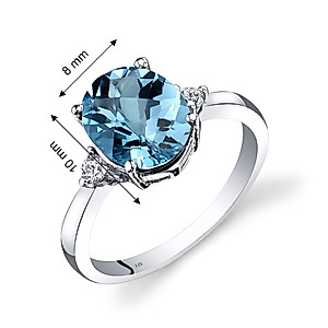 PEORA Swiss Blue Topaz and Diamond Ring for Women 14K White Gold, Natural Gemstone Birthstone, 2.75 Carats Oval Shape 10x8mm, Size 7