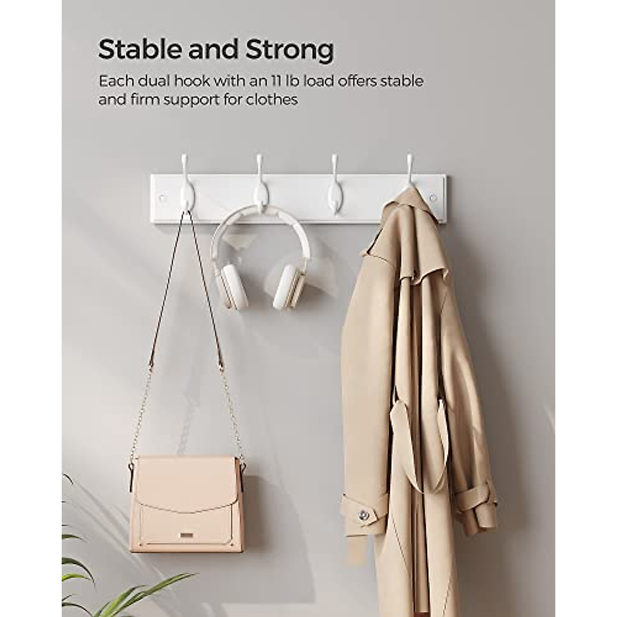 SONGMICS Wall-Mounted Coat Rack, Hook Rack, 4 Dual Metal Hooks, for Coats, Bags, Keys, in the Entryway, Bedroom, Living Room, White ULHR23WT