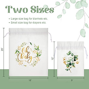 2 Pack Baby Shower Bags Boho Gift Bags Drawstring Greenery Fabric Floral Bags Canvas Gift Bags 20 Inch Large 12 Inch Small Reusable Gift Wrap Bags for Baby Shower Gender Reveal Birthday Party Favors