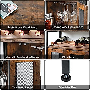 X-cosrack Wine Bar Rack Cabinet with Detachable Wine Rack, Coffee Bar Cabinet with Glass Holder, Small Sideboard and Buffet Cabinet with Mesh Door, Rustic Brown(Patent Pending)