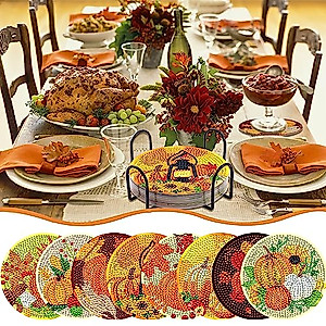 8 PCS Fall Diamond Painting Coasters Pumpkin Diamond Art Coasters 5D Full Drill Diamond Coasters Kit Thanksgiving Drink Cup Coaster Round with Cork Base Holder for Autumn Harvest Party Supplies