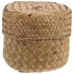 Zerodeko Seagrass Basket with Lid Mini, Handmade Woven Flower Basket With Lid Wicker Shelf Basket Bin Woven Storage Box Small Storage Favor Box Woven Seagrass Basket