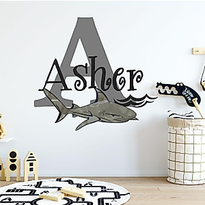 Boys Nursery Baby Shark Beach Sea Theme Personalized Custom Name and Initial Decal Vinyl Wall Decal Wall Decor Wall Sticker (Medium)