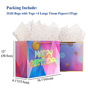 Cmecial Extra Large Birthday Gift Bag, 16'', Gold/Laser Foil, Gift Bag with Tissue Paper for Women, Girls, Kids, Party, Wedding, Christmas, Graduation, Baby Shower, Thanksgiving