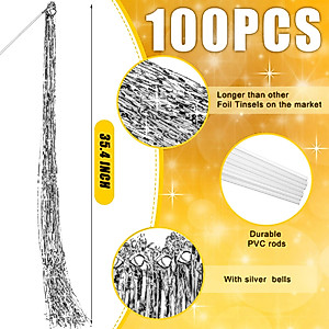 Motionchic 100 Pcs Wedding Wands Bulk 35.4 Inches Long Metallic Foil Christmas Tinsel Sticks with Bells Glitter Foil Tinsel Streamers for Bridal Wedding Send Off Ideas Celebration Supplies(Silver)