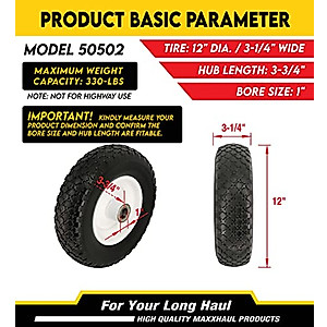 MaxxHaul 50502 12" Flat Free Solid Polyurethane All-Purpose Replacement Tire for Trailer Dollies Hand Trucks, Garden Carts, 12 inch, Black