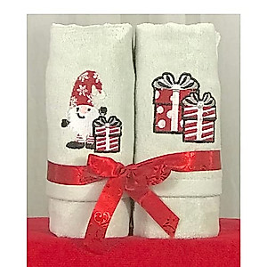 Christmas Fingertip Towel Set: Gnome Present Like Your Present, Grey Hand Towels with Red White Embroidery Jolly Gnome Present, Set of 2