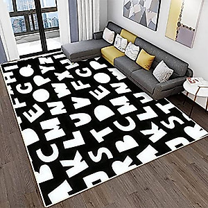 MJKIODPEV Modern Abstract Area Rugs for Living Room,Bedroom Black and White Cutout ABC Cute Alphabet Seamless Pattern Bathroom Stain Resistant Carpet Rectangular Home Decor Multicolor 63W*94Lin