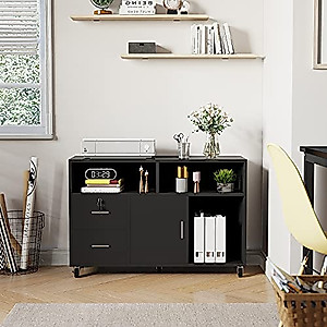YITAHOME Wood File Cabinet, 2 Drawer Mobile Lateral Storage Cabinet Printer Stand with Lock and Open Storage Shelves for Home Office, Black,Drawers Without Hanging Bars