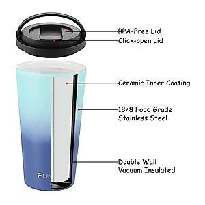 Funkrin Insulated Coffee Mug with Ceramic Coating, 22oz Iced Coffee Tumbler Cup with Flip Lid and Handle, Double Wall Vacuum Leak-Proof Thermos Mug for Travel Office School Party Camping