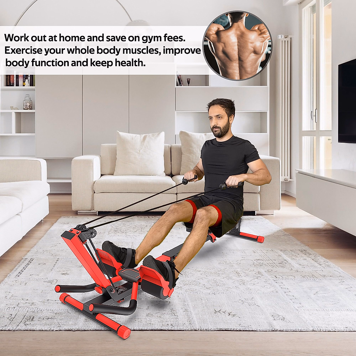 4 in 1 Rowing Machine with Adjustable Resistance Bands, Multifunction Rower Abdominal Fitness Equipment, Full Body Workout Machine for Home Gym