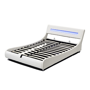 Low Profile Upholstered Platform Bed with LED Lights Headboard, Hydraulic Lifting Under Bed Storage, Modern Curved PU upholstered Low Profile Platform Bed Frame for Kids Teens Adults (White, Full)