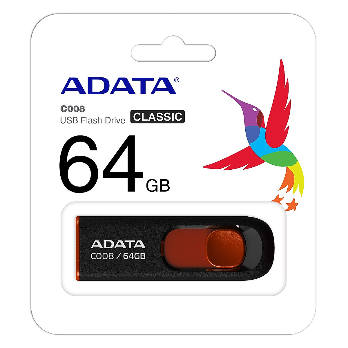 ADATA C008 64GB USB 2.0 Retractable Capless Flash Drive, Black/RED (AC008-64G-RKD)