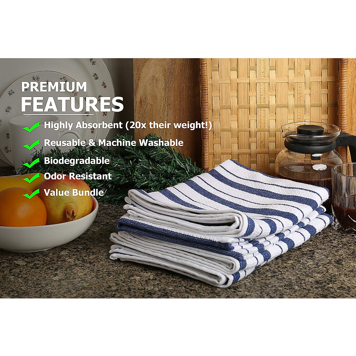 RAJRANG Dish Drying Kitchen Towels with Hanging Loops - 18 x 28 Inches Washable Ultra Absorbent and Quick-Dry Cloths for Everyday Cleaning - Set of 4 - Navy and White