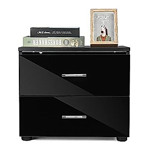 HIGOH Bedside Table LED Lights Nightstand Coffee Coffee Table with 2 Drawers Storage Cabinet Nightstand Bedroom Furniture (Color : Black)