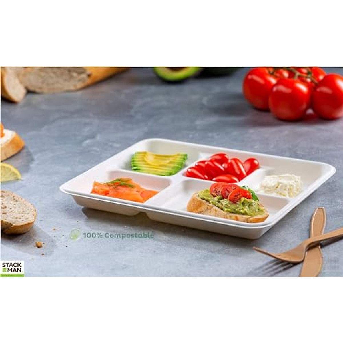 100% Compostable, 5 Compartment, Disposable Paper Plates [125-Pack] - {PFAS Free} - {BPA Certified} - [10 Inch] Heavy Duty Biodegradable Bagasse Sectional Lunch Trays + Dividers - Divided Platter Tray