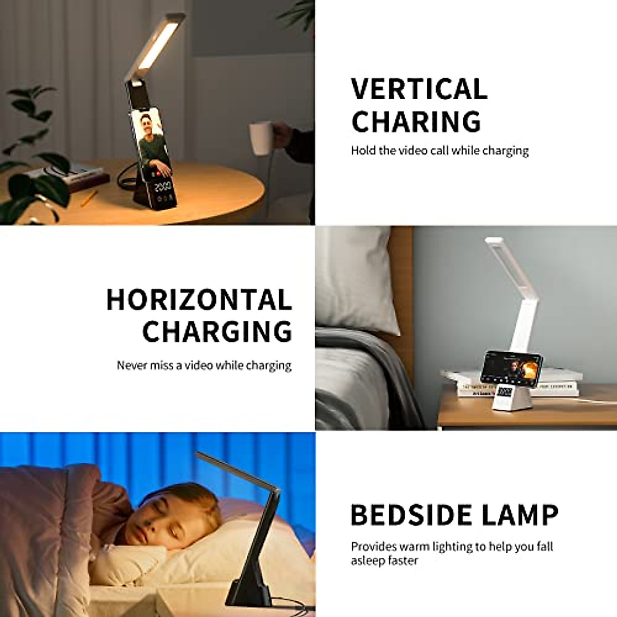 GAOHANG LED Desk Lamp with Wireless Charger 3 in 1 Fast Charging Station, Touch Control Desk Lamp with Clock, Alarm, 3 Lighting Modes & Stepless Brightness Home Office Eye-Caring Table Lamps Black