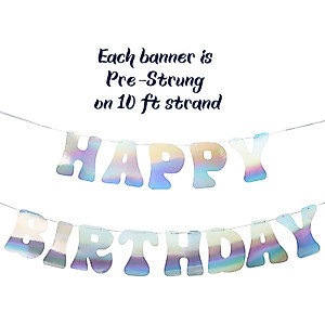 RUBFAC Pre-Strung Iridescent Happy Birthday Banner- NO DIY - Shiny Happy Birthday Banner Sign, Changeable Garland Bunting Banner for Birthday Party Decorations
