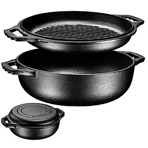 Bruntmor 2-in-1 Pre-Seasoned Cast Iron Dutch Oven with dual handles, Cocotte Double Braiser Pan with Grill Lid 3.3 Quarts - BBQ Grill, Fryer - Outdoor Cookware Set with Dual Handles, Camping,- Black