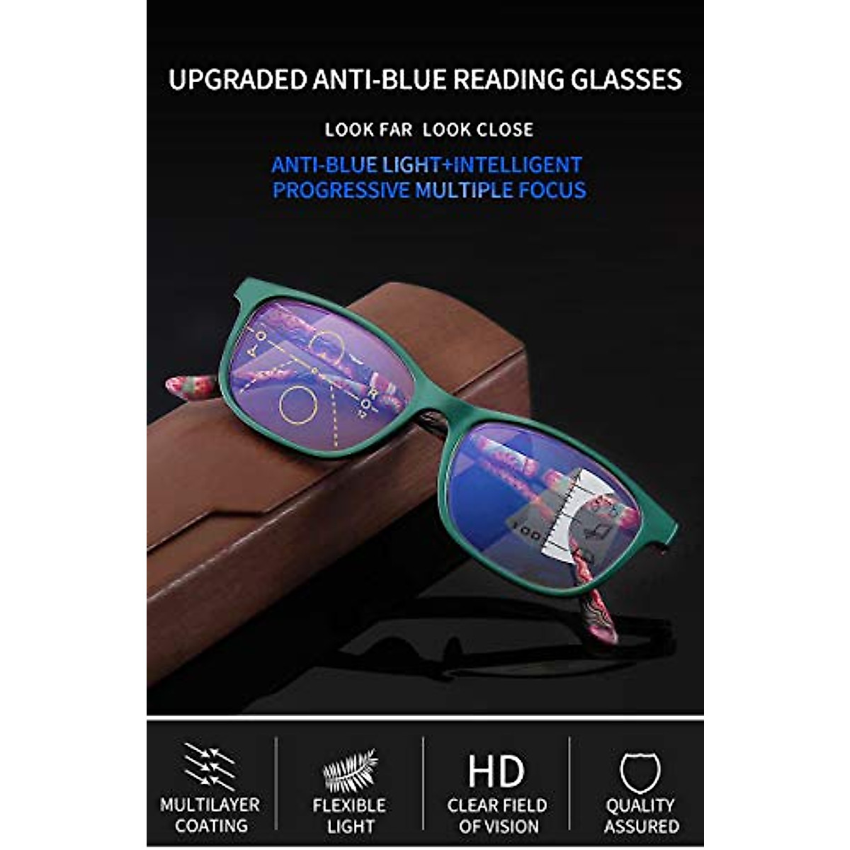 SIADEE Progressive Multifocal Blue Light Blocking Reading Glasses Women Men- Green 2.0X
