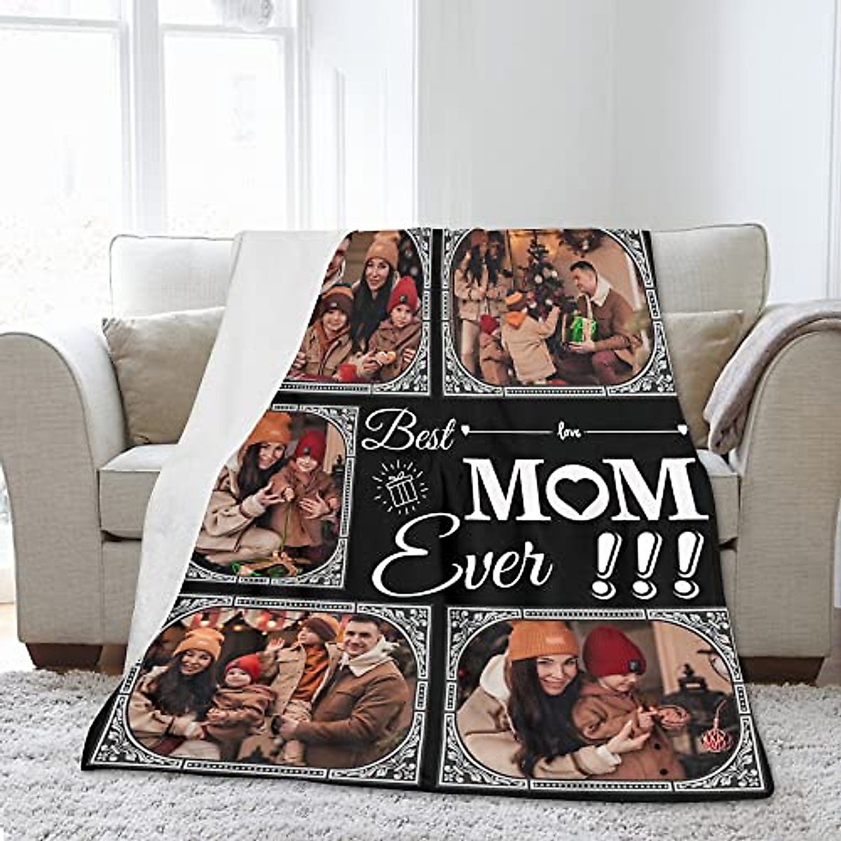Best Mom Ever Custom Blanket, to My Mom Blanket from Daughter, Customized Photo Collage Mother Blankets Wife Birthday Gifts, Personalized Flannel Blanket with Photo 4 Size