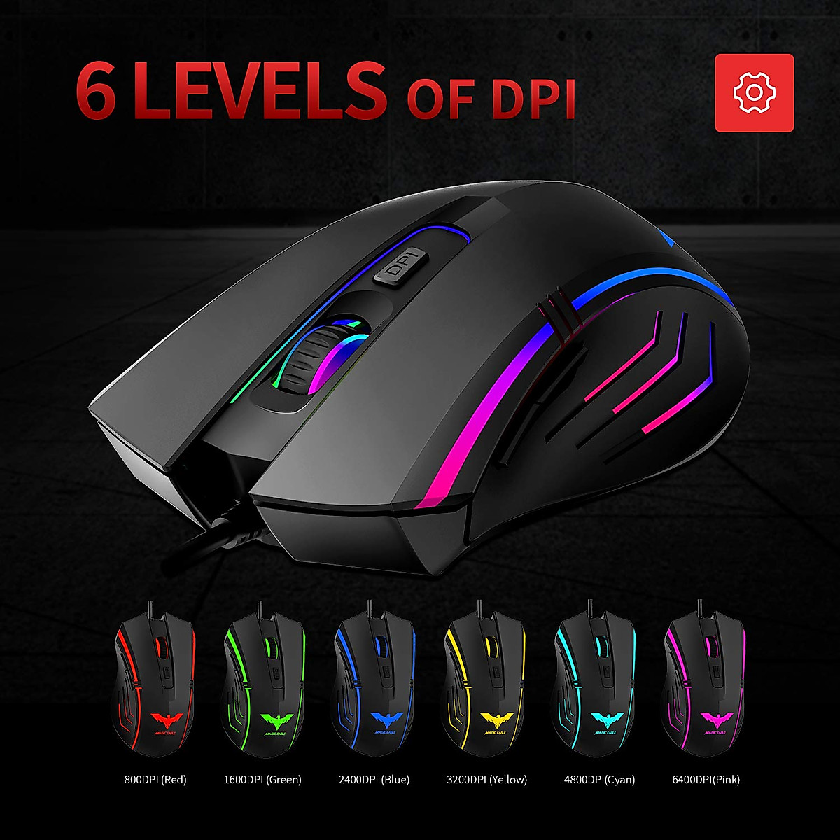 Havit Gaming Mouse RGB Wired,6 Adjustable DPI(800-1600-2400-3200-4800-6400) USB Ergonomic Computer Mice with 6 Buttons for Laptop PC Gaming (RGB)