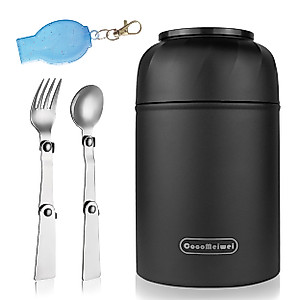 CocoMeiwei Thermo for Hot Food & Drinks, Thermo Lunch Box, 17oz Vacuum Insulated Food Container with Spoon&Drawstring Bag, Soup Thermo for Adults, Black