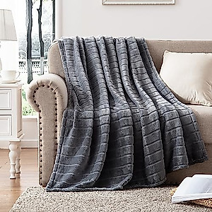 Bertte Decorative Stripe Lightweight Fleece Cozy Sofa Bed Seasons Throw 330 GSM Soft Plush Fuzzy Warm Fluffy Blanket, 50"x 60", Dark Grey