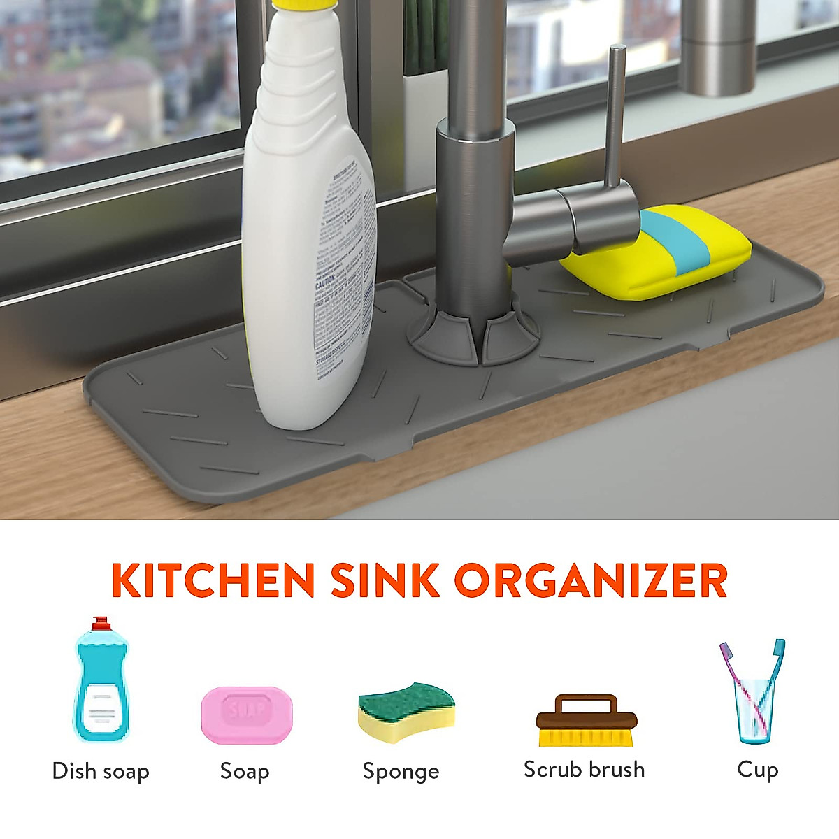 Kitchen Sink Splash Guard Silicone Sink Faucet Mat Water Catcher Mat Sink Draining Pad Rubber Drying Mat for Kitchen Sink, 2 Pack, Grey