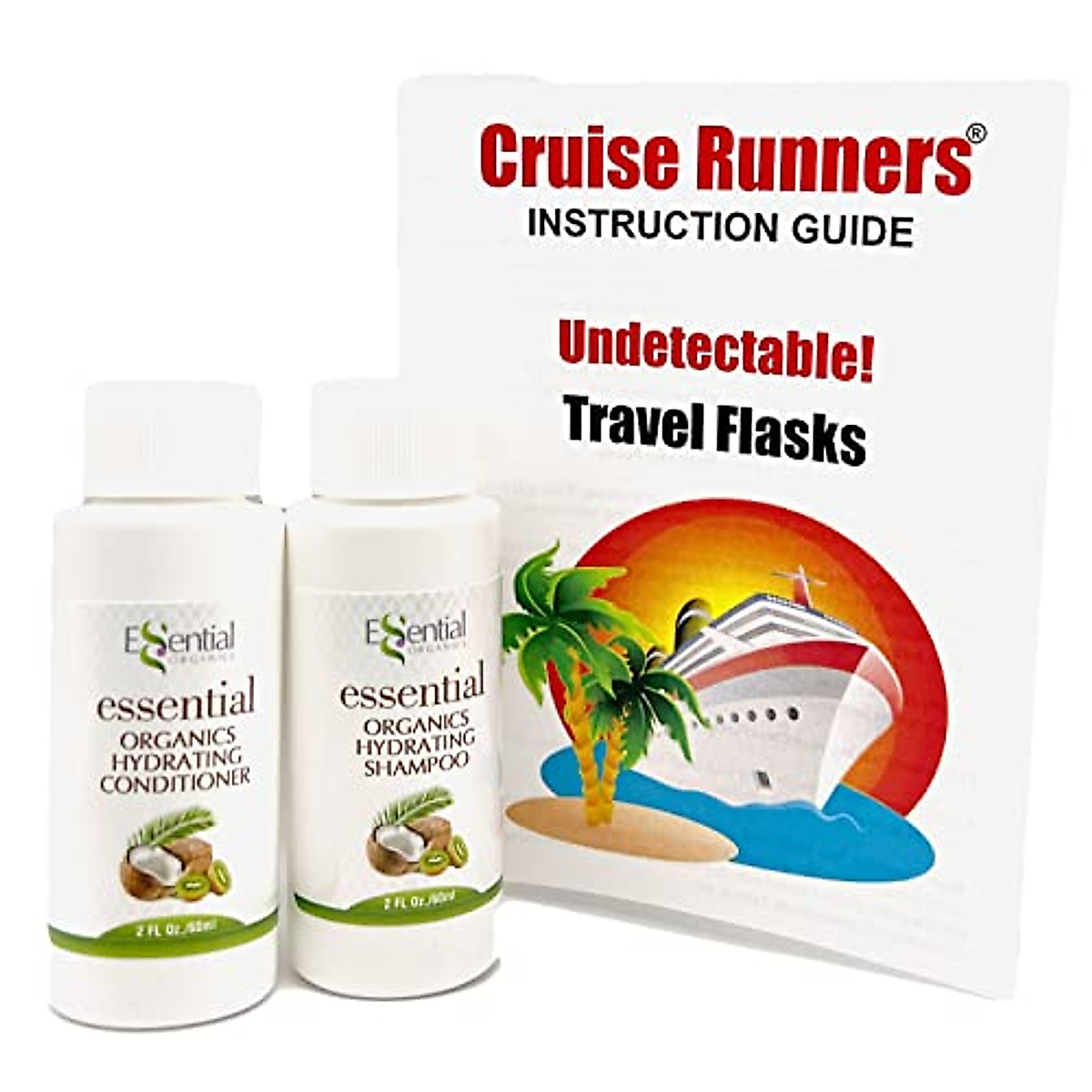 CRUISE RUNNERS Fake Shampoo Conditioner Flask Kit For Hiding Hidden Liquor Sneak Alcohol On Booze Cruise With 2 TSA Travel Size Plastic Bottles and Seals Enjoy Rum Runners For Cruise