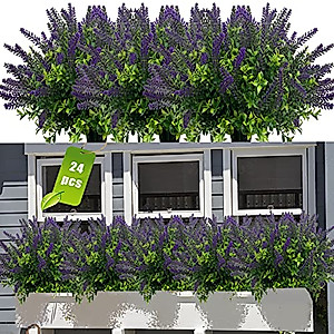 JIFTOK Artificial Lavender Flowers for Outdoors, 24 Bundles Faux Plastic Purple Flowers, UV Resistant Fake Plants Shrub Mums Greenery for Hanging Planters Window Box Front Porch Indoor Outside Décor