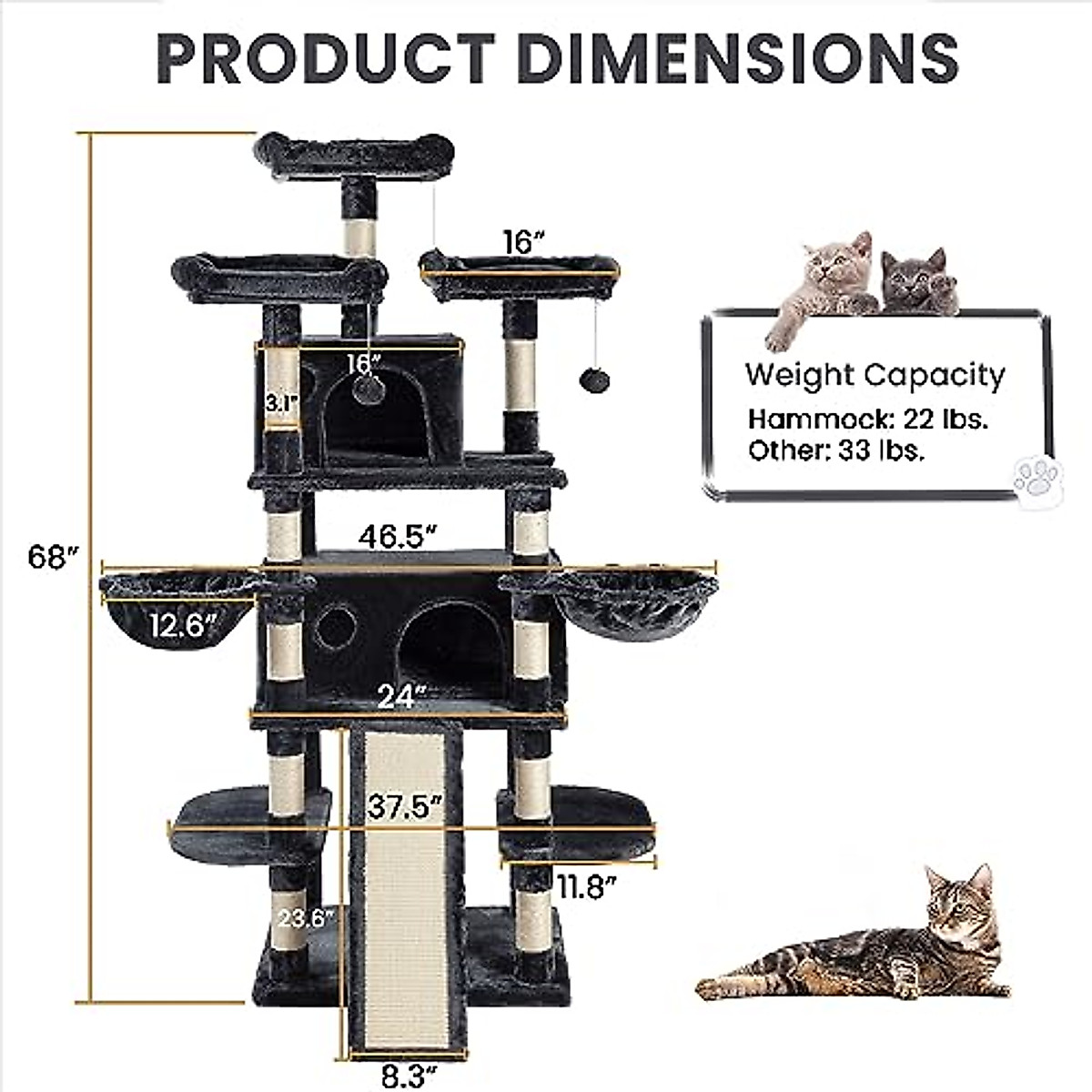 SHA CERLIN 68 Inches Multi-Level Large Cat Tree for Large Cats/Big Cat Tower with Cat Condo/Cozy Plush Cat Perches/Sisal Scratching Posts and Hammocks/Cat Activity Center, Dark Grey