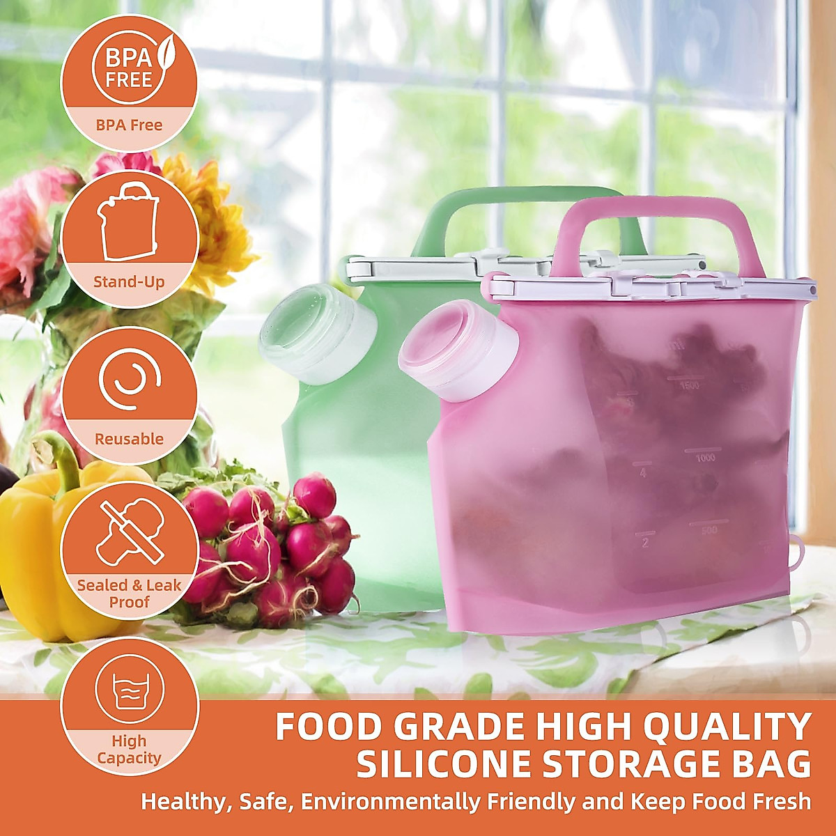 2Pcs Reusable Silicone Food Storage Bags, Large Sealed Food Preservation Bags, 2 in 1 Food and Liquid Storage Containers for Vegetables Fruits Meat Sandwich Snack Leftovers and Milk Juice(51oz)