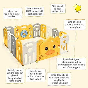 Costzon Baby Playpen, 14-Panel Portable Baby Play Yards with Yellow Duck Pattern, Door with Safety Lock, Indoor Outdoor Foldable Baby Fence with Non-Slip Rubber Bases & Rubber Suction Cups (14 Panel)