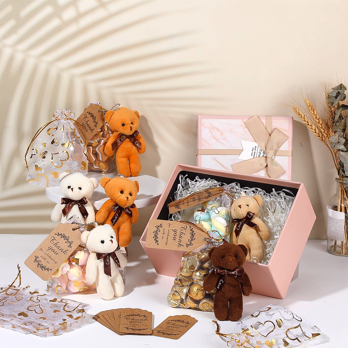 Libima 60 Pcs Mini Bear Baby Shower Decorations Bear Baby Shower Favors Bear Party Supplies Souvenirs 4.7" Tiny Soft Stuffed Plush Bears Bulk with Thank You Tag and Heart Organza Bag (Brown Series)