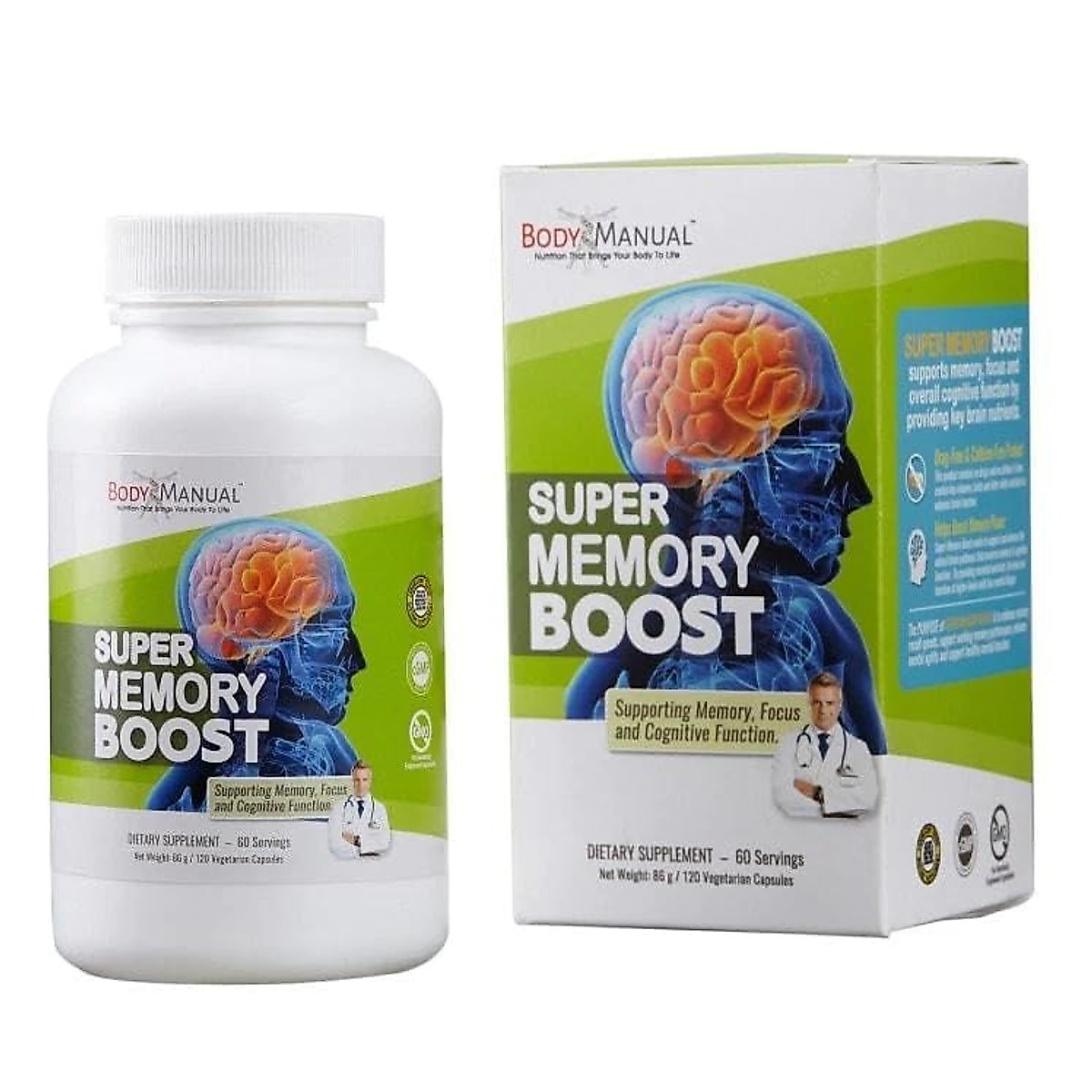 Body Manual Super Memory Boost | Enhances Brain Function & Memory | Turmeric & Pterostilbene to Reduce Inflammation | Ginkgo Biloba, Vitamin D, B5, B12, Folate (60 Serving)