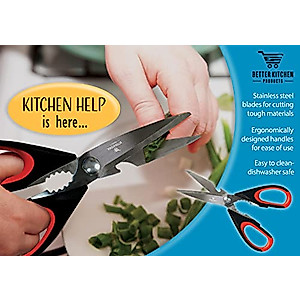 Premium Kitchen Shears by Better Kitchen Products, 8.5", All Purpose Stainless Steel Utility Scissors, Heavy Duty Scissors, Meat Scissors, Poultry Shears, Multipurpose for Culinary Prep(1PK-Black/Red)