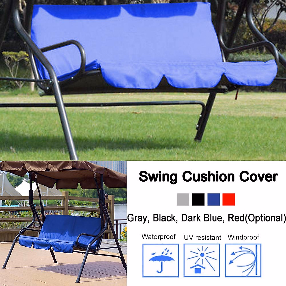 Oumefar Swing Cushion Cover, 3 Seater Chair Cushion Replacement Outdoor Swing Seat Outdoor Bench Cushions Outdoor Bench Cushion Cover for Patio Garden Yard(Blue)