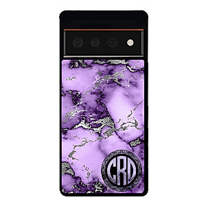 Purple and Silver Marble Monogram Black Rubber Phone Case Compatible With Google Pixel 8 Pro, 8a, 8, 7a, 7, Pixel 7 Pro, 6a, Pixel 6 Pro, 6, 5, 4a 5G, 4a 4G, 4, 4 XL, 3a, 3a XL, 3, 3 XL, 2 XL, 2