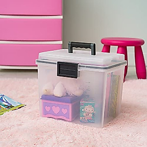 IRIS USA 19 Qt. WEATHERPRO Letter Size Portable File Box, 4 Pack, Plastic Storage Container with Organizer-Lid and Seal and Secure Latching Buckles, Weathertight, Clear with Black Buckle