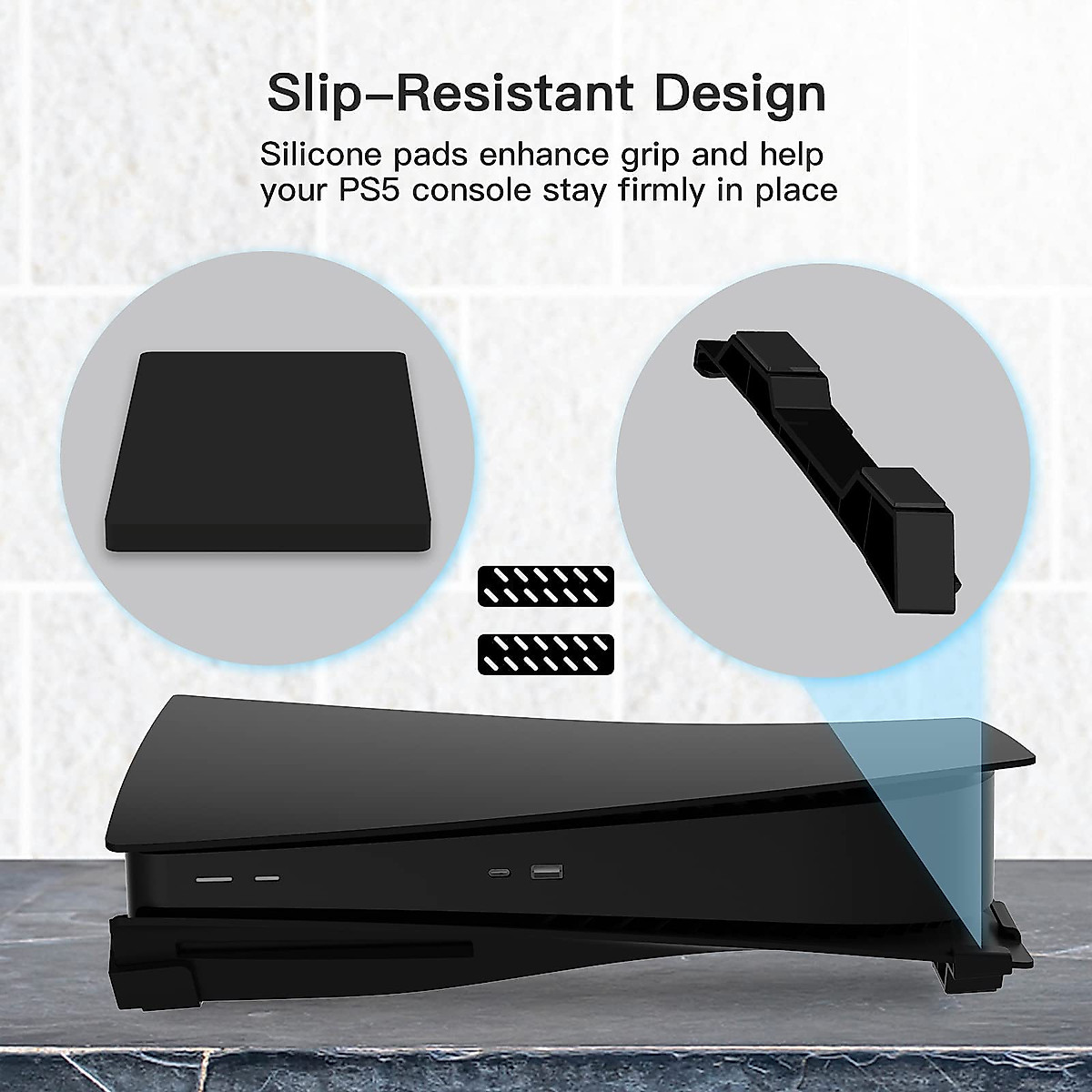 NexiGo PS5 Accessories Black Series, PlayStation 5 Horizontal Stand [Minimalist Design], PS5 Cooling Fan with LED Light, Compatible with Both Disc and Digital Editions