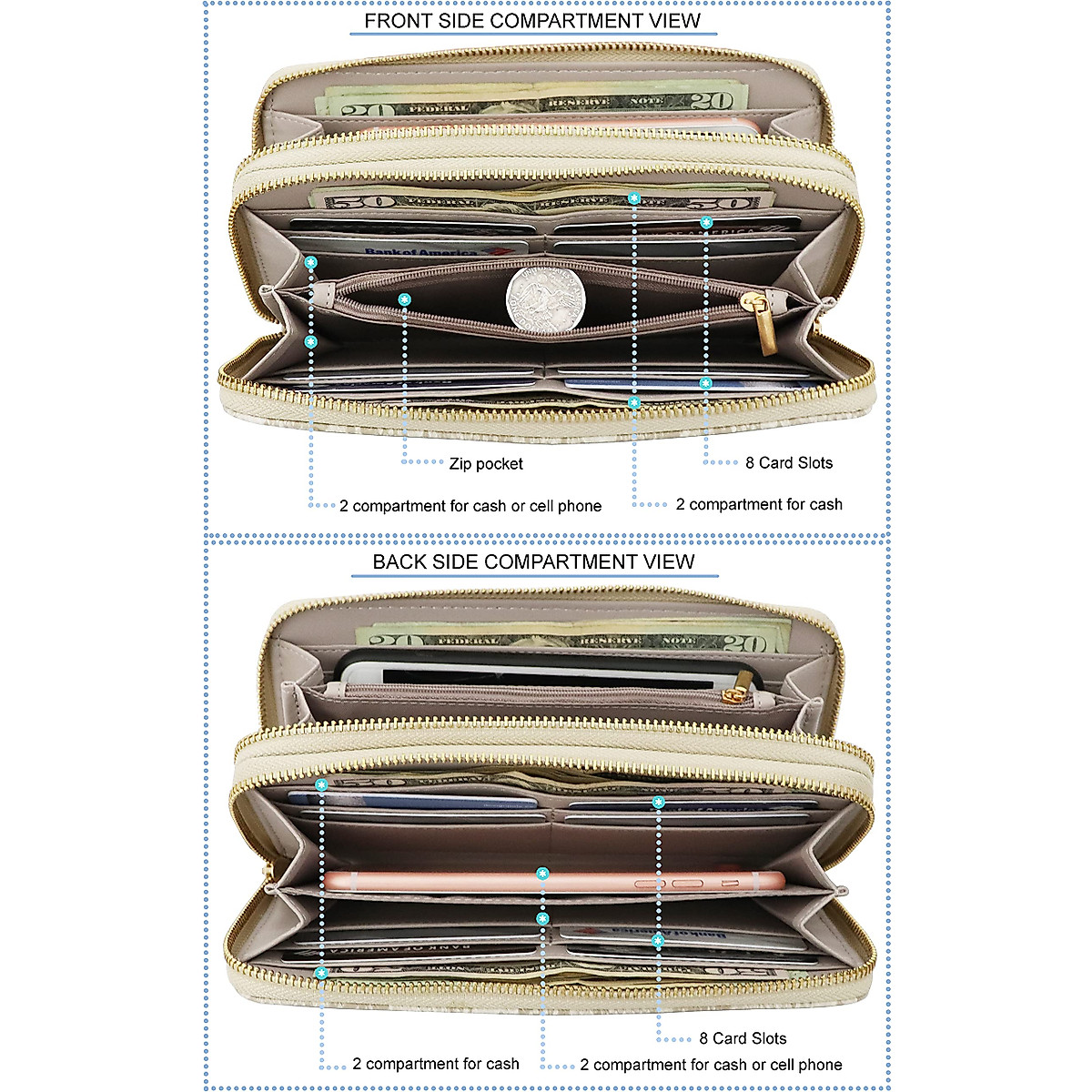 B BRENTANO Vegan Leather Double Zipper Pocket Wallet with Grip Hand Strap (Leopard)